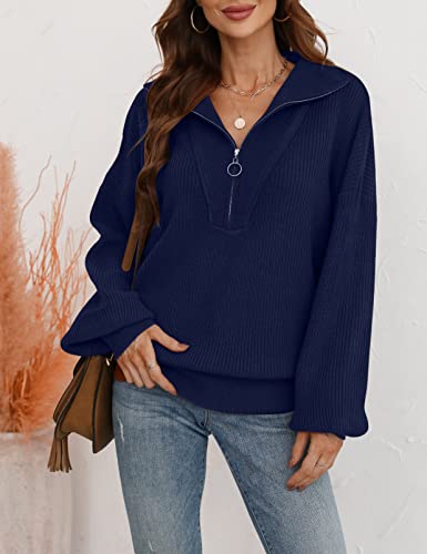 NATACATA Women's Half Zip Pullover Sweater Balloon Long Sleeve V Neck Collar Oversized Knit Fall Winter Tops Navy S