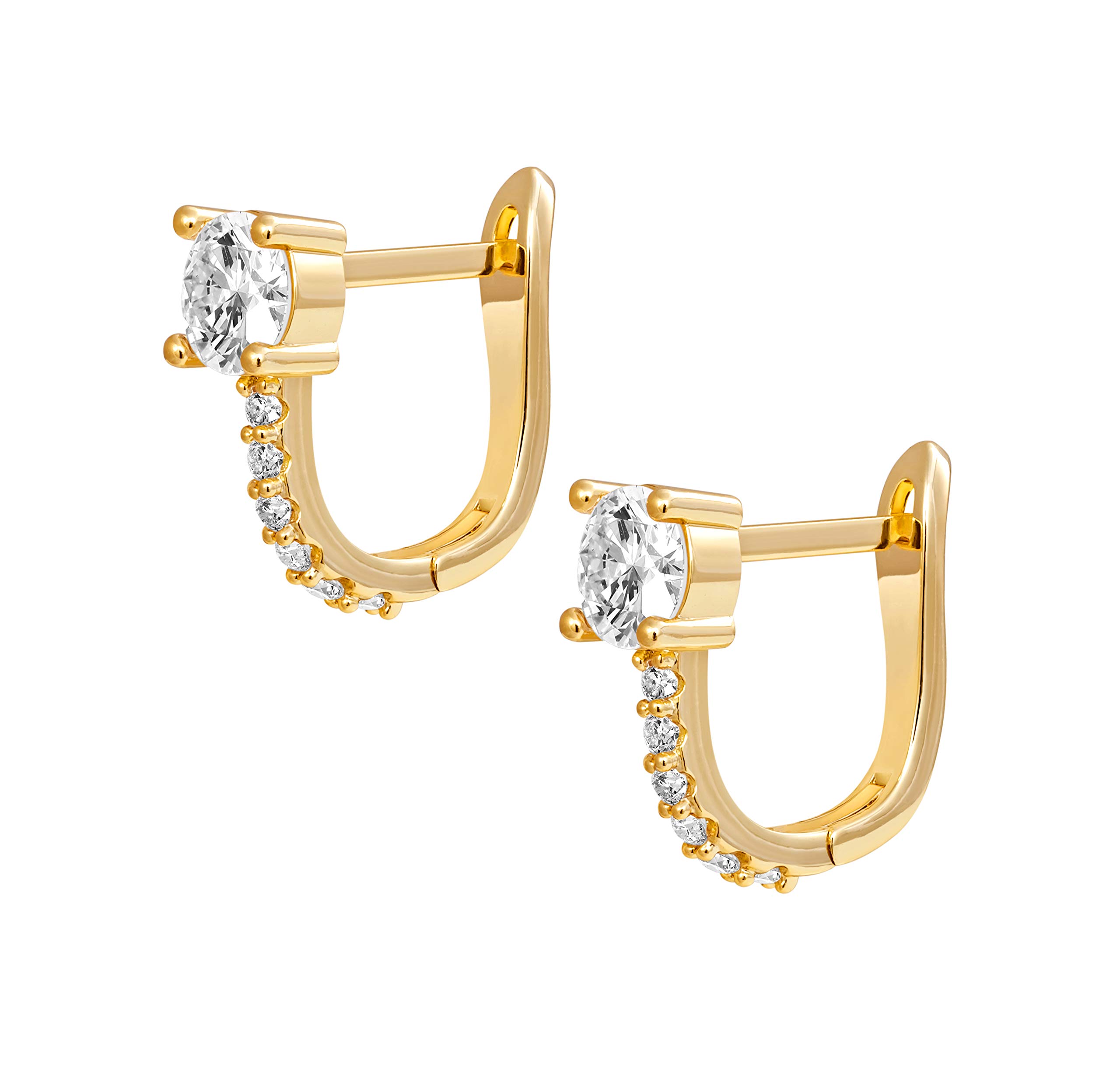 PAVOI 14K Yellow Gold Plated Post Cubic Zirconia Cuff Earring Huggie Stud with Main Stone