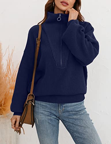 NATACATA Women's Half Zip Pullover Sweater Balloon Long Sleeve V Neck Collar Oversized Knit Fall Winter Tops Navy S
