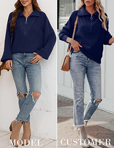 NATACATA Women's Half Zip Pullover Sweater Balloon Long Sleeve V Neck Collar Oversized Knit Fall Winter Tops Navy S