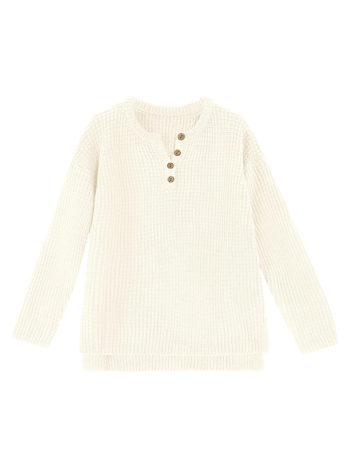 rrhss Girls Waffle Knit Sweaters Trendy Henley Button V Neck Long Sleeve Pullover Jumper Tops Off-White