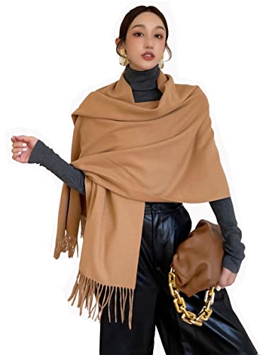 iCuviy Fall Large Soft Camel Pashmina Shawls and Wraps Thick Scarfs for Women Christmas Gifts Warm Winter Cashmere Feel Extra Long Women Wool Scarfs for Evening Dress