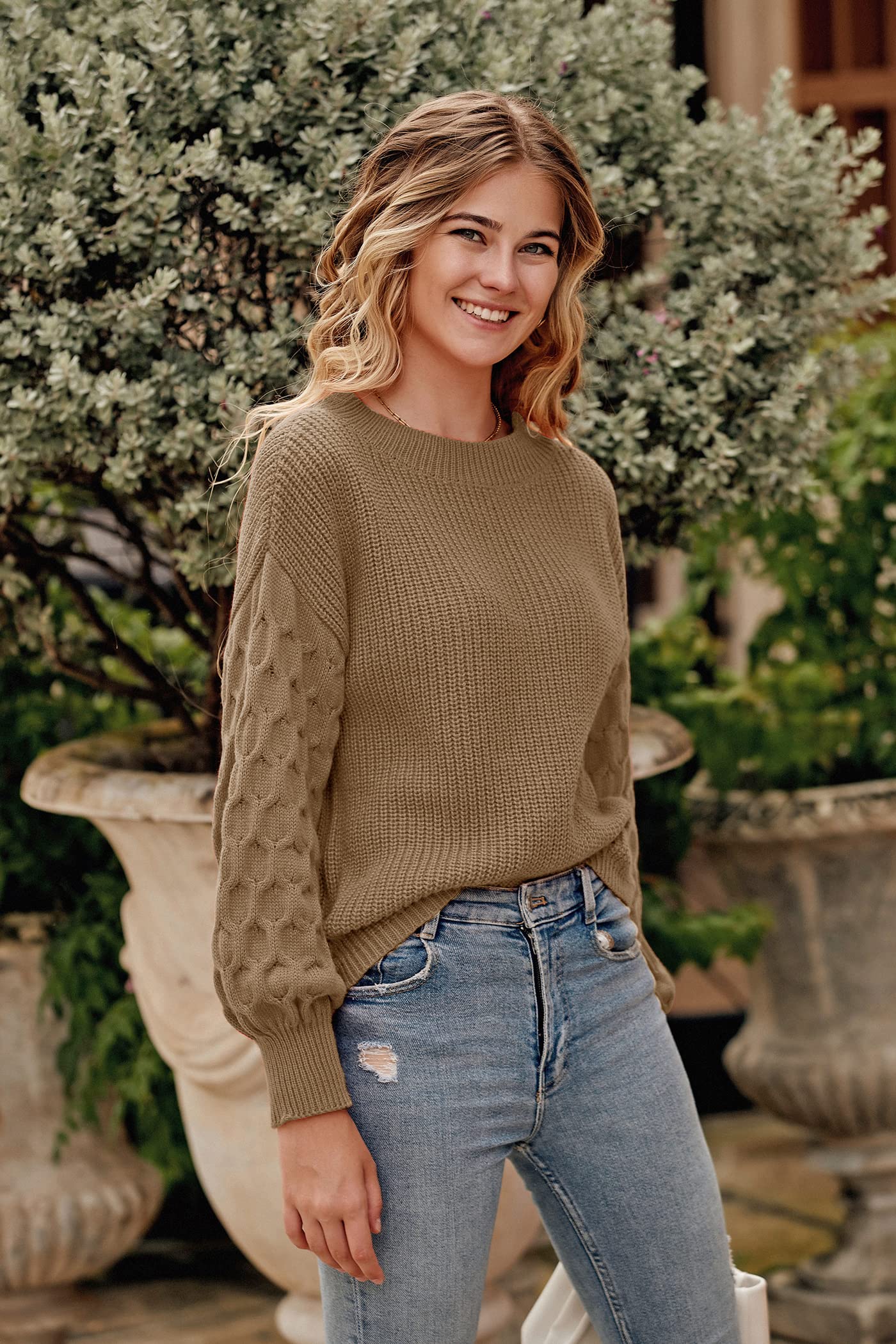 PRETTYGARDEN Women's 2024 Winter Pullover Sweater Casual Long Sleeve Crewneck Loose Chunky Knit Jumper Tops Blouse (Khaki,Small)