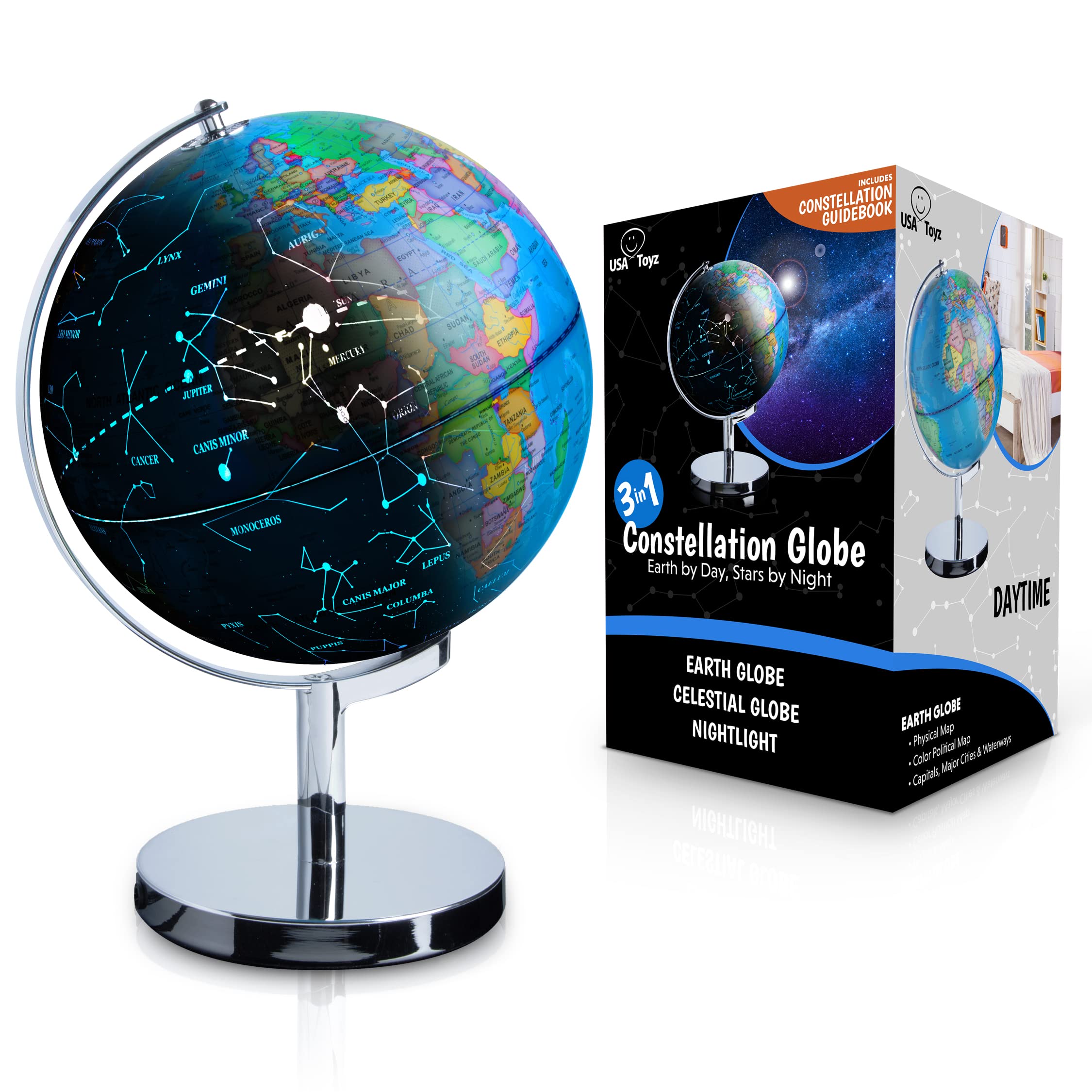 USA Toyz Illuminated Globe of the World with Stand - 3in1 World Globe, Constellation Globe Night Light, and Globe Lamp with Built-In LED, Easy to Read Texts, and Non-Tip Base, 13.5 Inch Tall