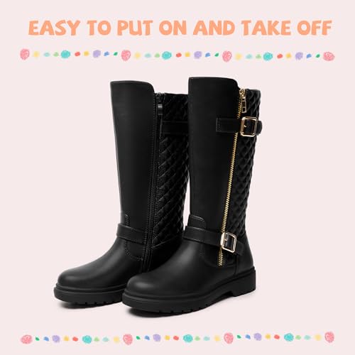 Athlefit Girls Riding Boots Fashion Buckle Side Zipper Knee High Boots for Toddler/Little Kid/Big Kid Black Size 2