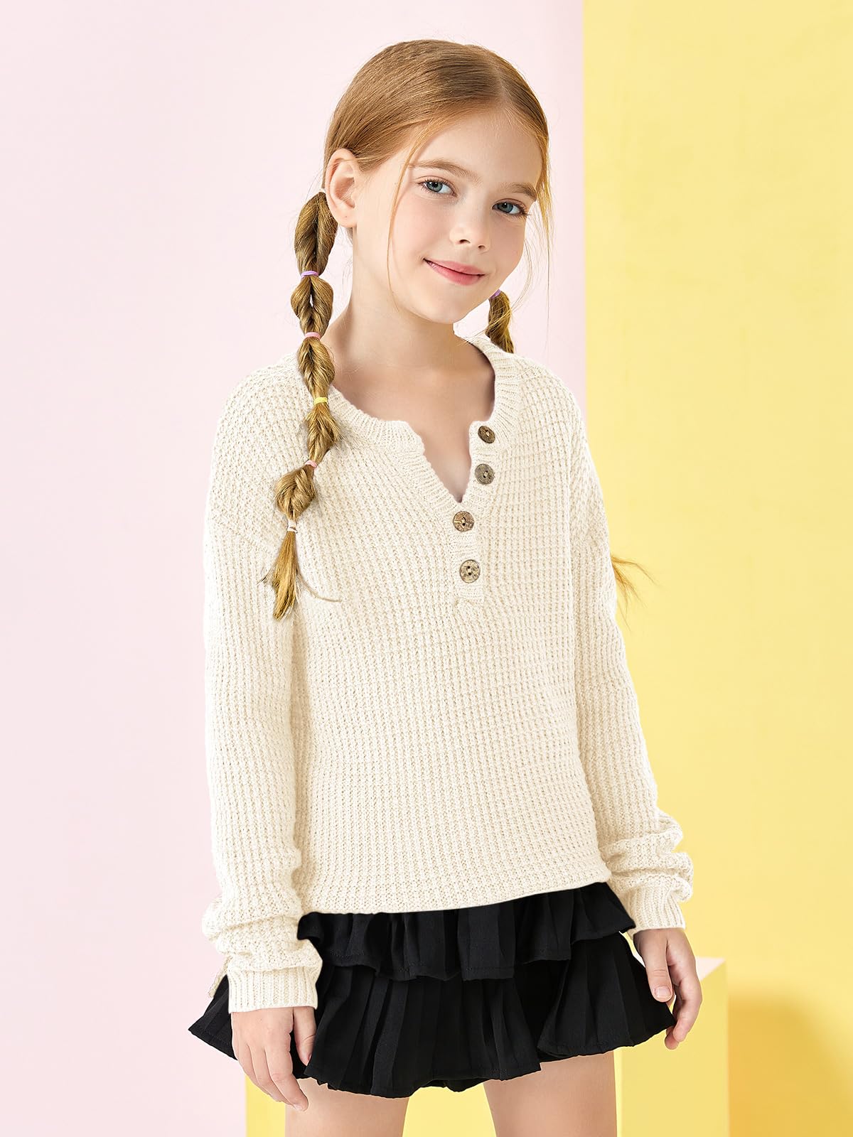 rrhss Girls Waffle Knit Sweaters Trendy Henley Button V Neck Long Sleeve Pullover Jumper Tops Off-White