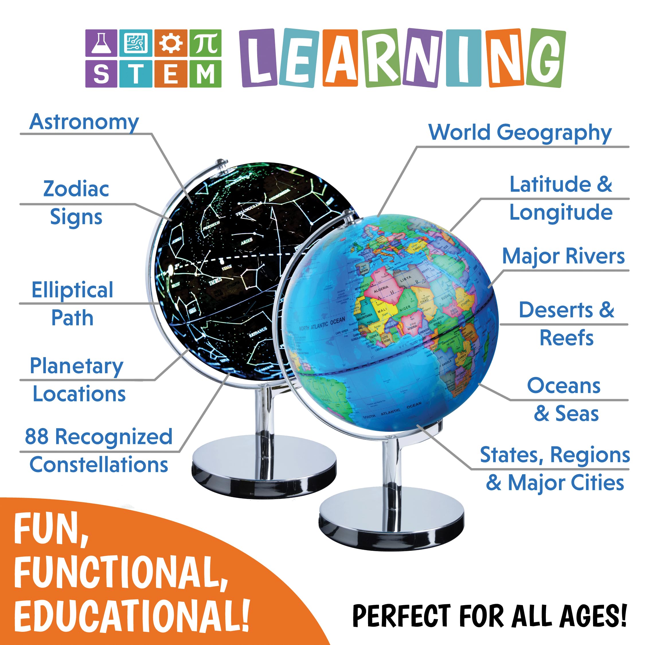 USA Toyz Illuminated Globe of the World with Stand - 3in1 World Globe, Constellation Globe Night Light, and Globe Lamp with Built-In LED, Easy to Read Texts, and Non-Tip Base, 13.5 Inch Tall