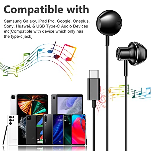 USB C Earphone Type-C Earbuds for Samsung Galaxy S22 Ultra Wired Earbuds Hi-Res Audio Headphone Noise Isolation Deep Bass Stereo Sound Headset with Mic Volume Control for Galaxy S22 S21 FE Black