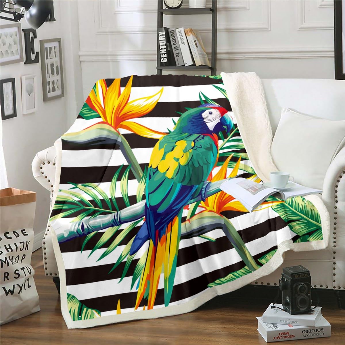 Erosebridal Tropical Tree Blanket 40"X50",Black White Stripe Throw Blanket for Couch,Green Plant Palm Leaves Sherpa Blanket Bird Animal Botanical Yellow Floral Plush Blanket Dorm Decor for Kids