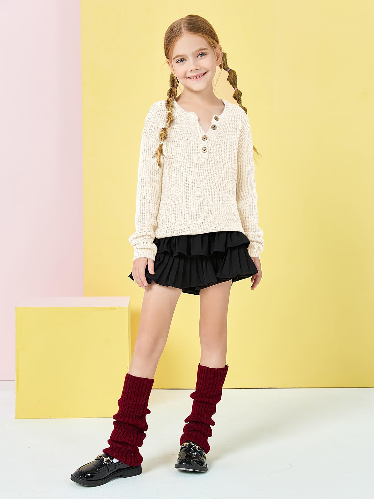 rrhss Girls Waffle Knit Sweaters Trendy Henley Button V Neck Long Sleeve Pullover Jumper Tops Off-White