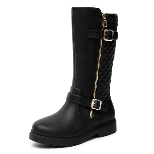Athlefit Girls Riding Boots Fashion Buckle Side Zipper Knee High Boots for Toddler/Little Kid/Big Kid Black Size 2