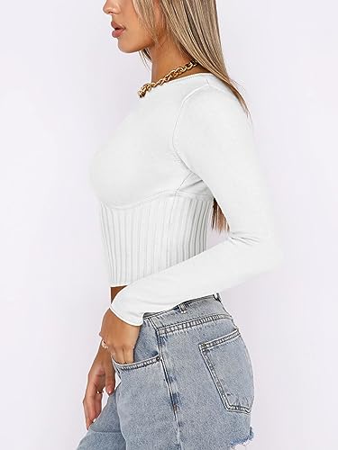 REORIA Women's Sexy Trendy Crew Neck Cropped Sweater Fall Long Sleeve Ribbed Knit Pullover Slim Fit Casual Basic Crop Tops White Large