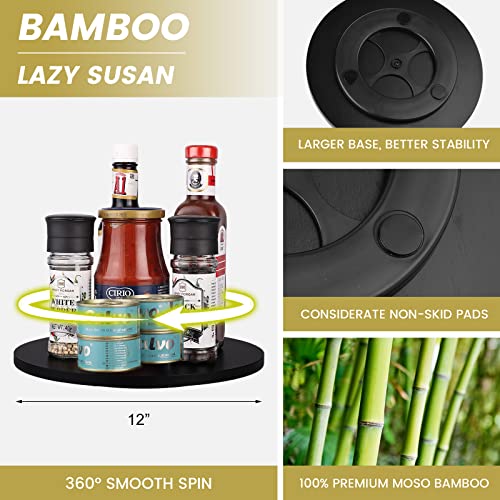Lazy Susan Kitchen Cabinet Organizer - 12" Bamboo Lazy Susan Turntable for Cabinet Pantry Table or Countertop Organization and Storage, Black