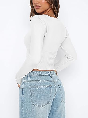 REORIA Women's Sexy Trendy Crew Neck Cropped Sweater Fall Long Sleeve Ribbed Knit Pullover Slim Fit Casual Basic Crop Tops White Large