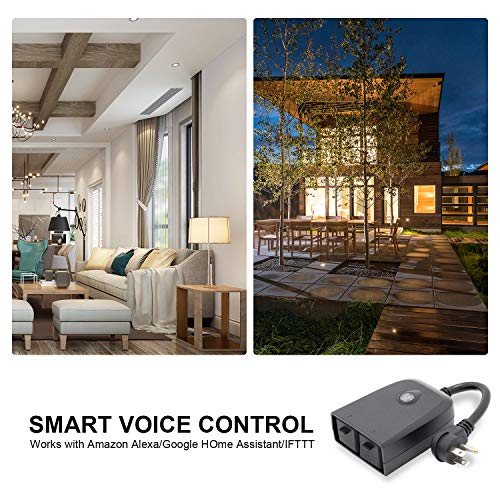 Smart Outdoor Plug, Smart WiFi Outdoor Plug Compatible with Alexa, Google Home and IFTTT, 2 Outlets, Timer and Remote Control, IP55 Waterproof, Smart Outdoor Switch with Energy Monitoring - Black