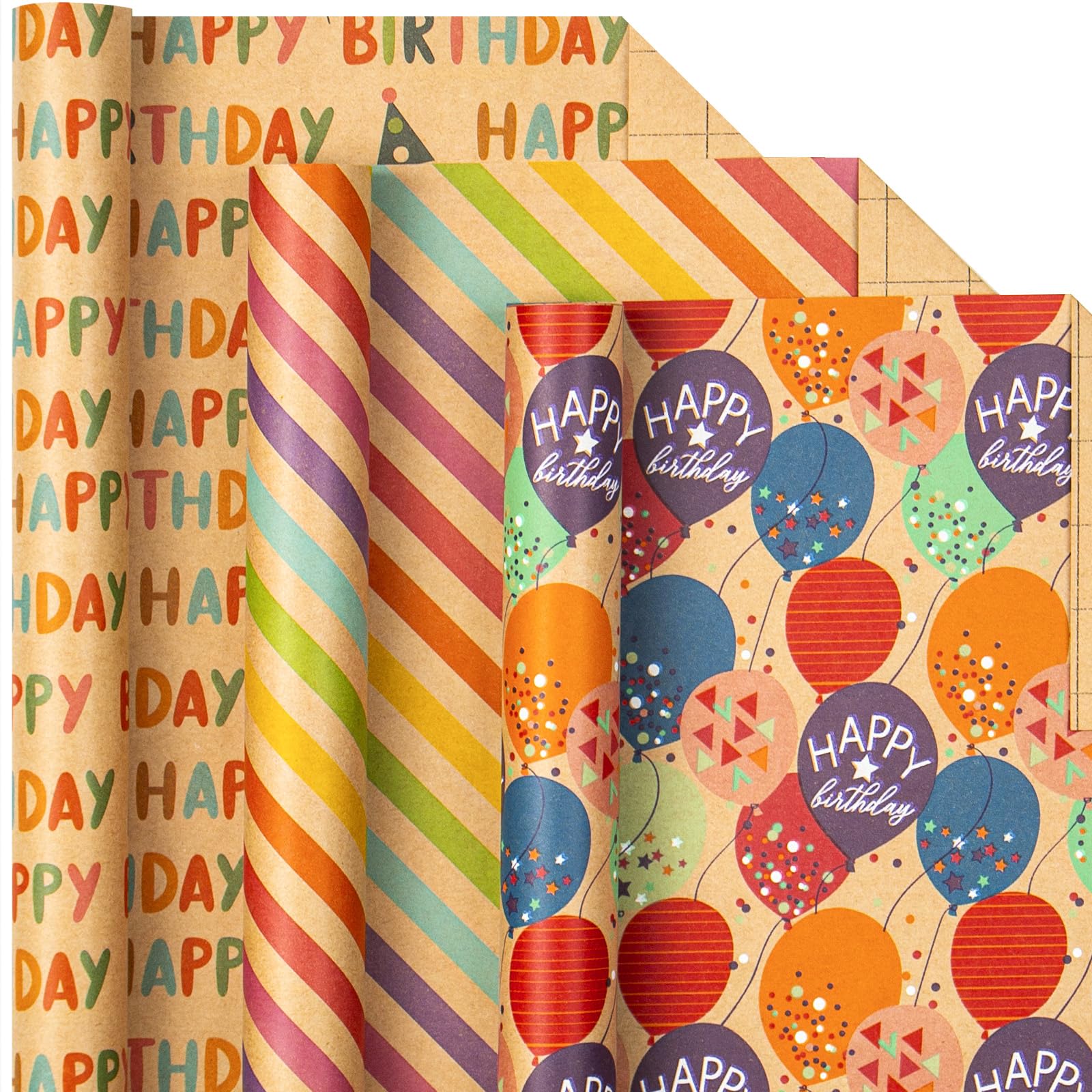 MAYPLUSS Kraft Birthday Wrapping, Gift Wrapping Paper, Colorful Balloon,Diagonal Stripes Happy Birthday Gift Wrap for Kids Boys Party, Baby Shower (Mini Roll, 17" x 120" Per roll, Total of 3 Rolls)