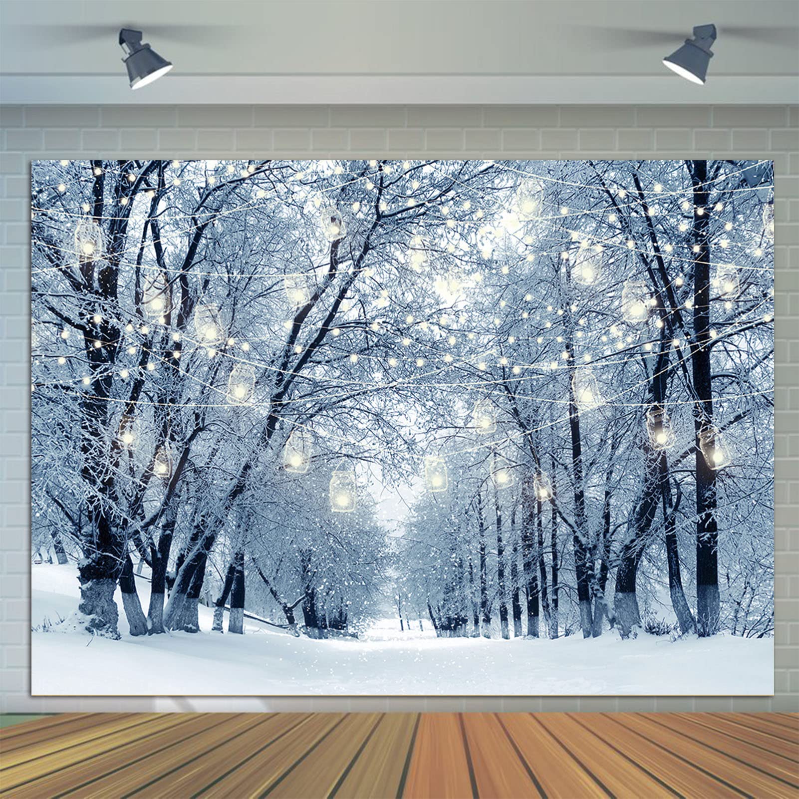Qian Winter Wonderland Scene Photography Backdrop 7x5FT Snowflake Bokeh Tree Landscape Snowy Forest Photo Background for Family Christmas Party Photoshoot Decorations