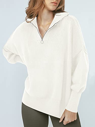 ANRABESS Women's Oversized Fashion Long Sleeve Quarter Zip Baggy Loose Slouchy Sweater Pullover Tops 2024 Fall Outfits White X-Small
