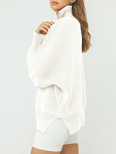 ANRABESS Women's Oversized Fashion Long Sleeve Quarter Zip Baggy Loose Slouchy Sweater Pullover Tops 2024 Fall Outfits White X-Small