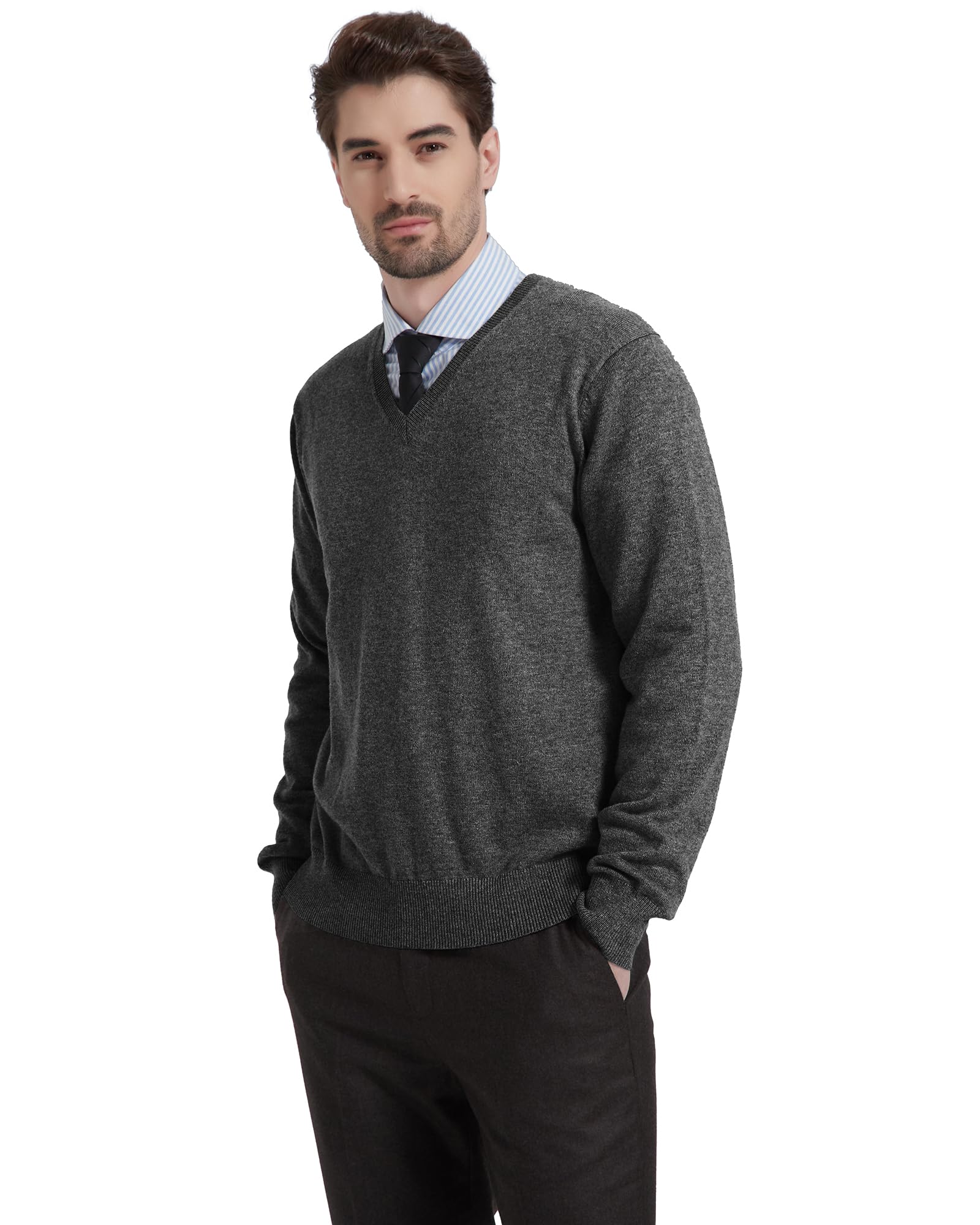 Kallspin Men's Wool Blend V-Neck Sweater Relax Fit Knit Pullover (Charcoal, X-Large)