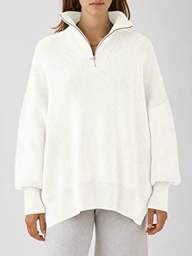 ANRABESS Women's Oversized Fashion Long Sleeve Quarter Zip Baggy Loose Slouchy Sweater Pullover Tops 2024 Fall Outfits White X-Small