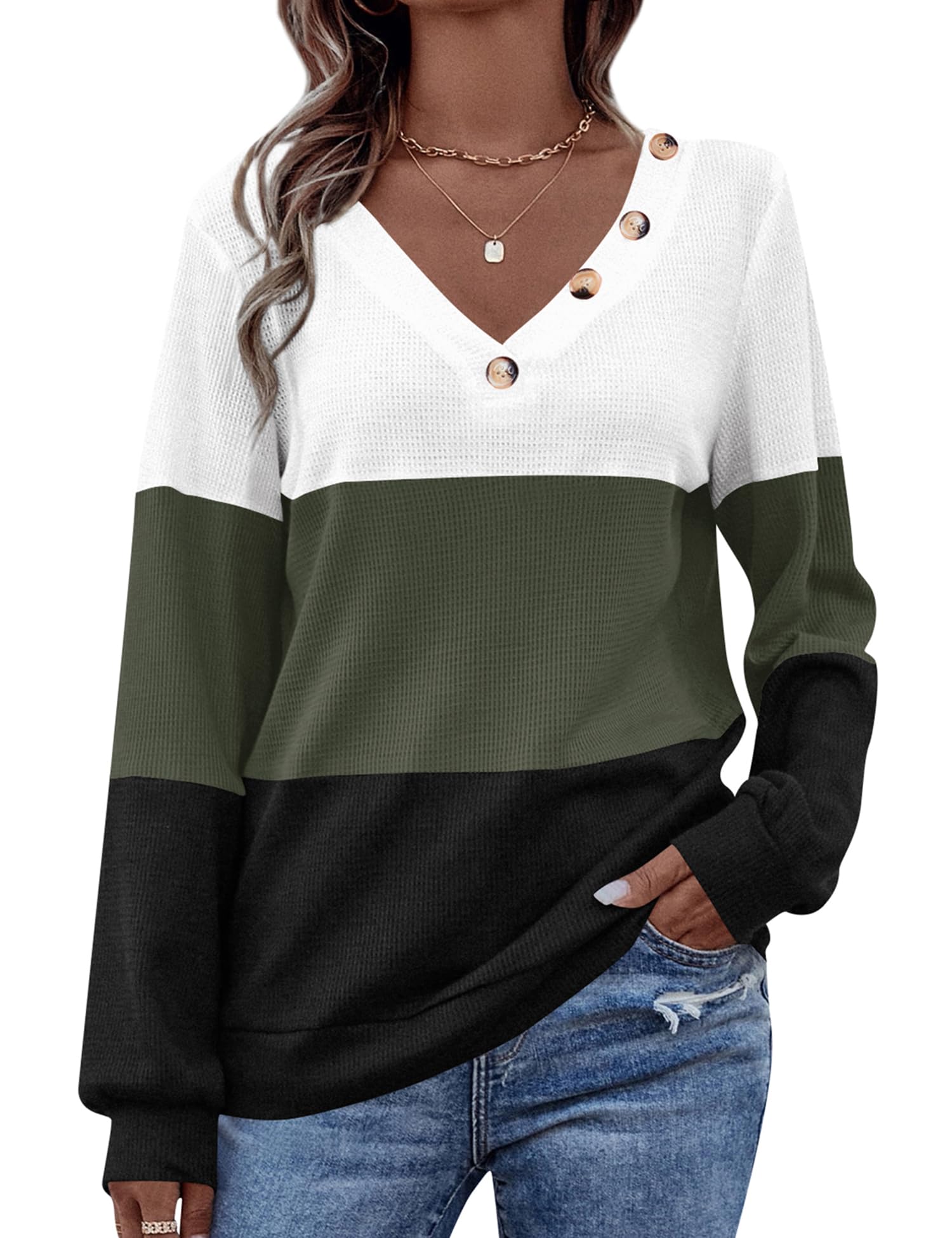 MAVIS LAVEN Womens Long Sleeve Tops Waffle Knit Blouses V Neck Tunics Color Block Button Up Pullover Tops