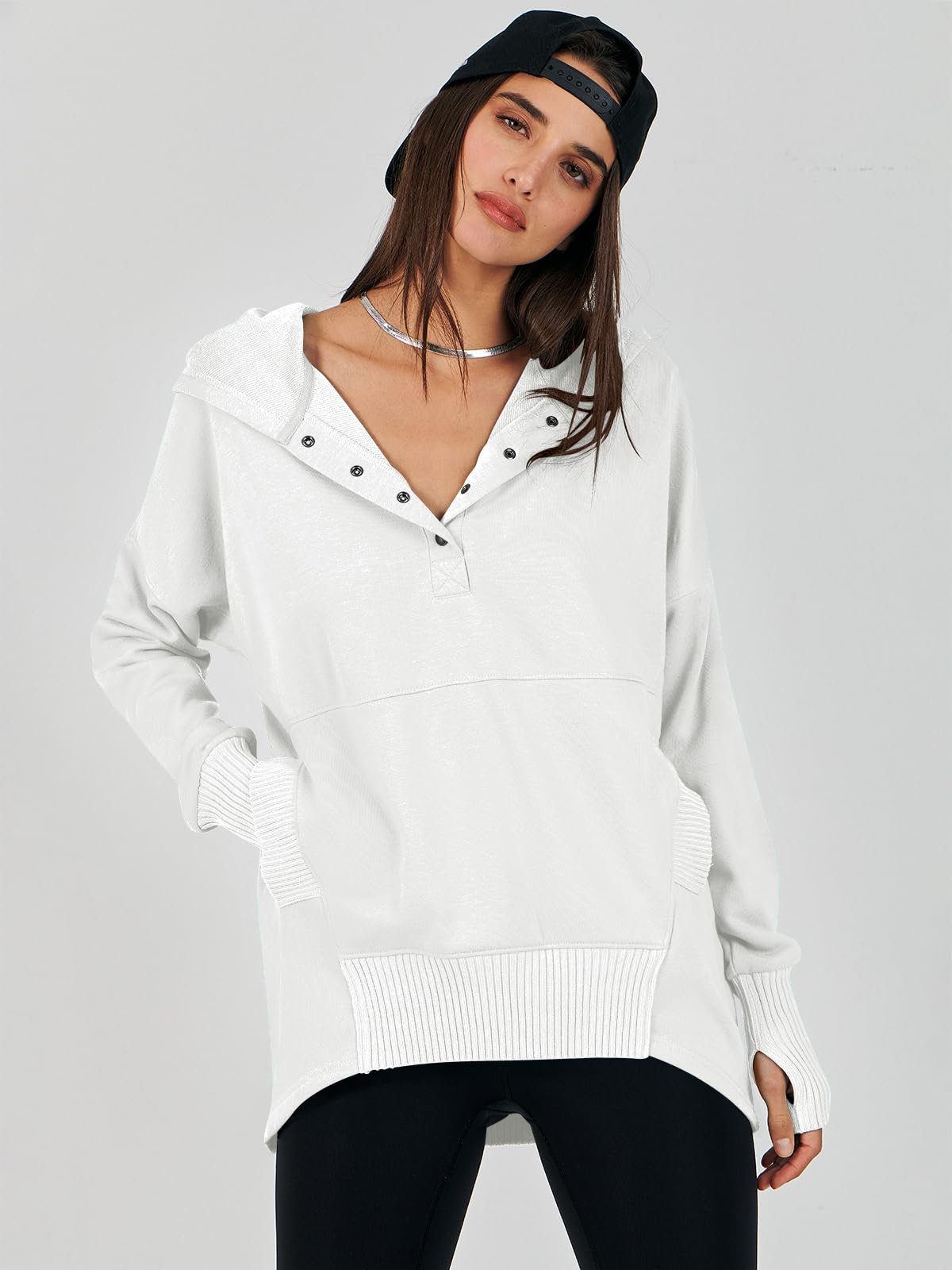 ANRABESS Women Casual Oversized Hoodies Sweatshirts Henley V Neck Hooded Pullover Sweater Tops 2024 Fall Outfits Clothes 1059benbai-M White