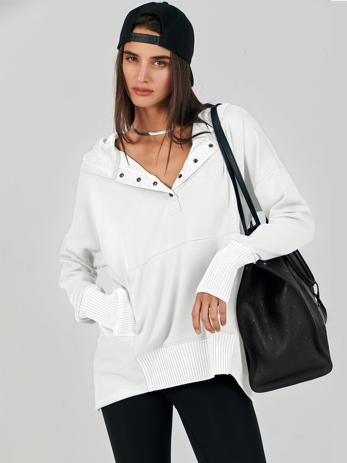 ANRABESS Women Casual Oversized Hoodies Sweatshirts Henley V Neck Hooded Pullover Sweater Tops 2024 Fall Outfits Clothes 1059benbai-M White