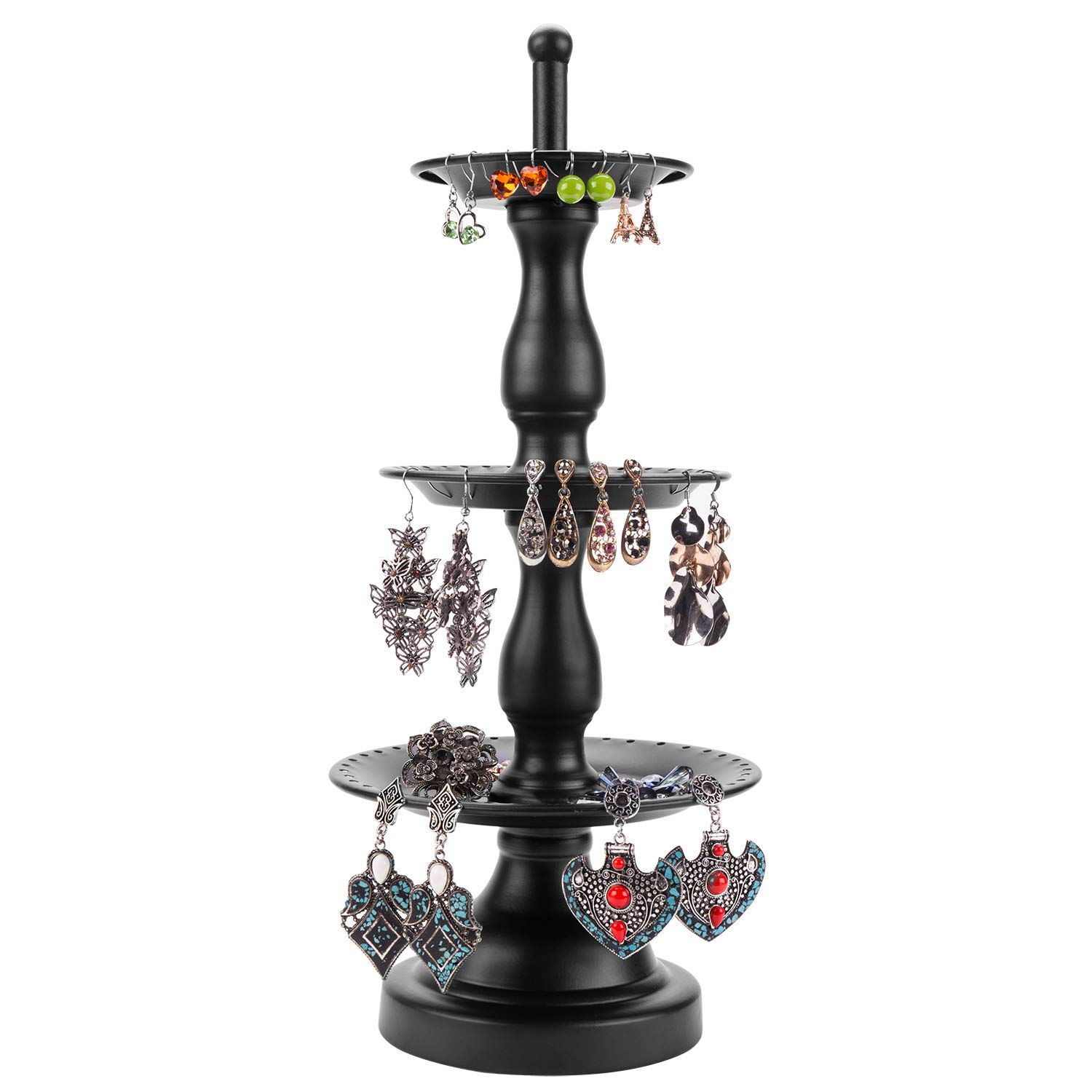 MyGift 3-Tier Black Metal Fountain Earring Holder Organizer and Ring Dish Jewelry Stand