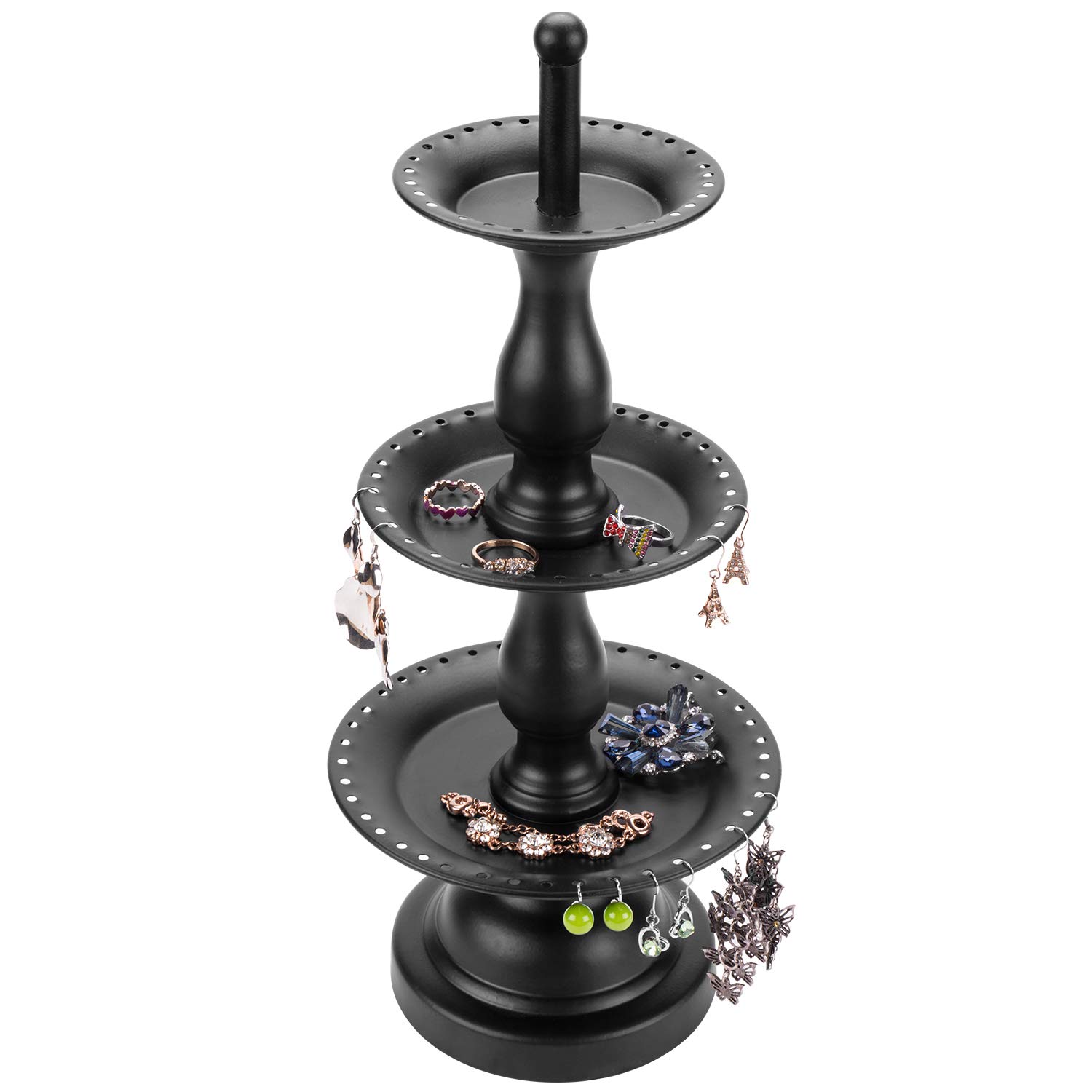 MyGift 3-Tier Black Metal Fountain Earring Holder Organizer and Ring Dish Jewelry Stand