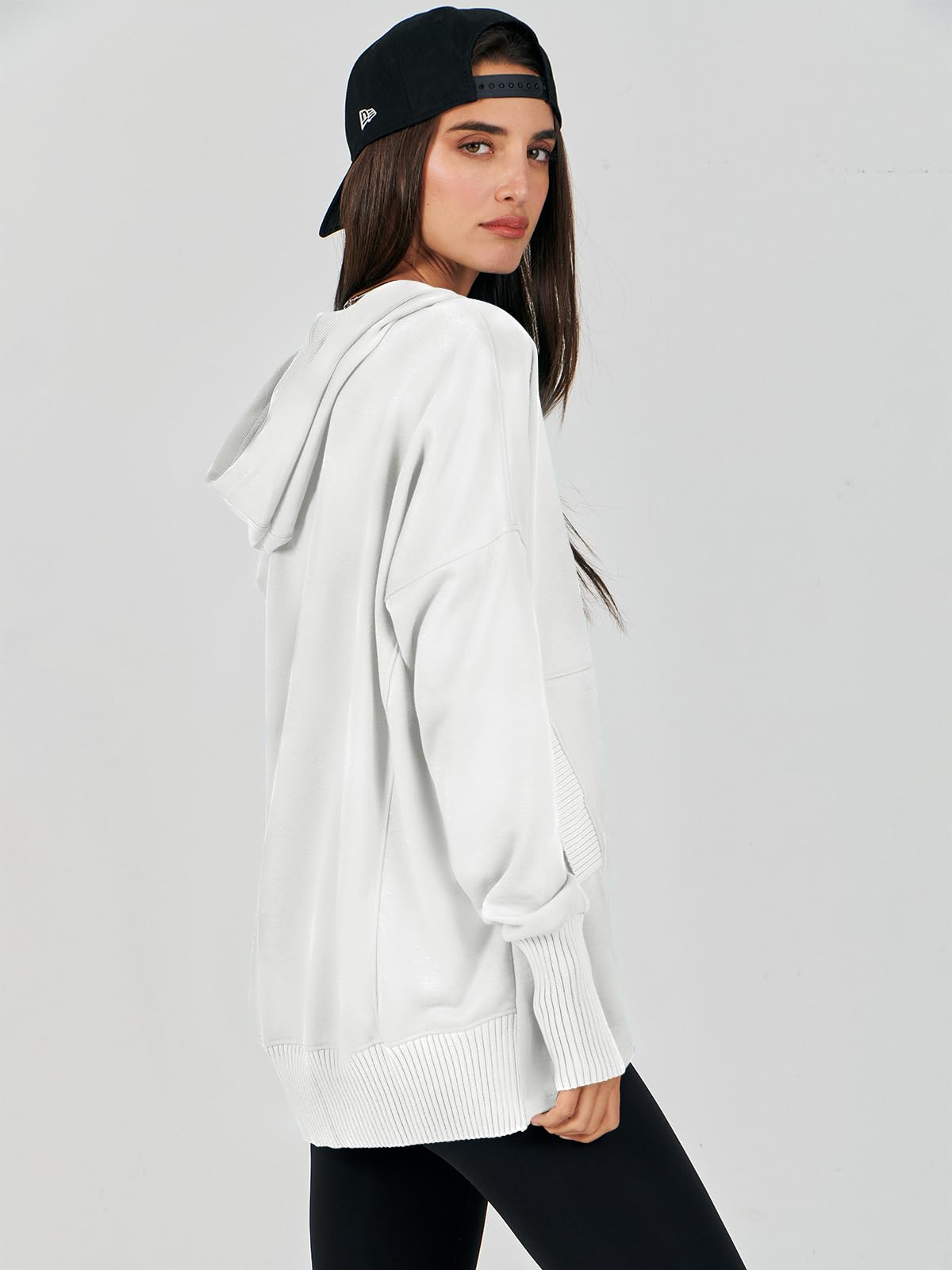 ANRABESS Women Casual Oversized Hoodies Sweatshirts Henley V Neck Hooded Pullover Sweater Tops 2024 Fall Outfits Clothes 1059benbai-M White