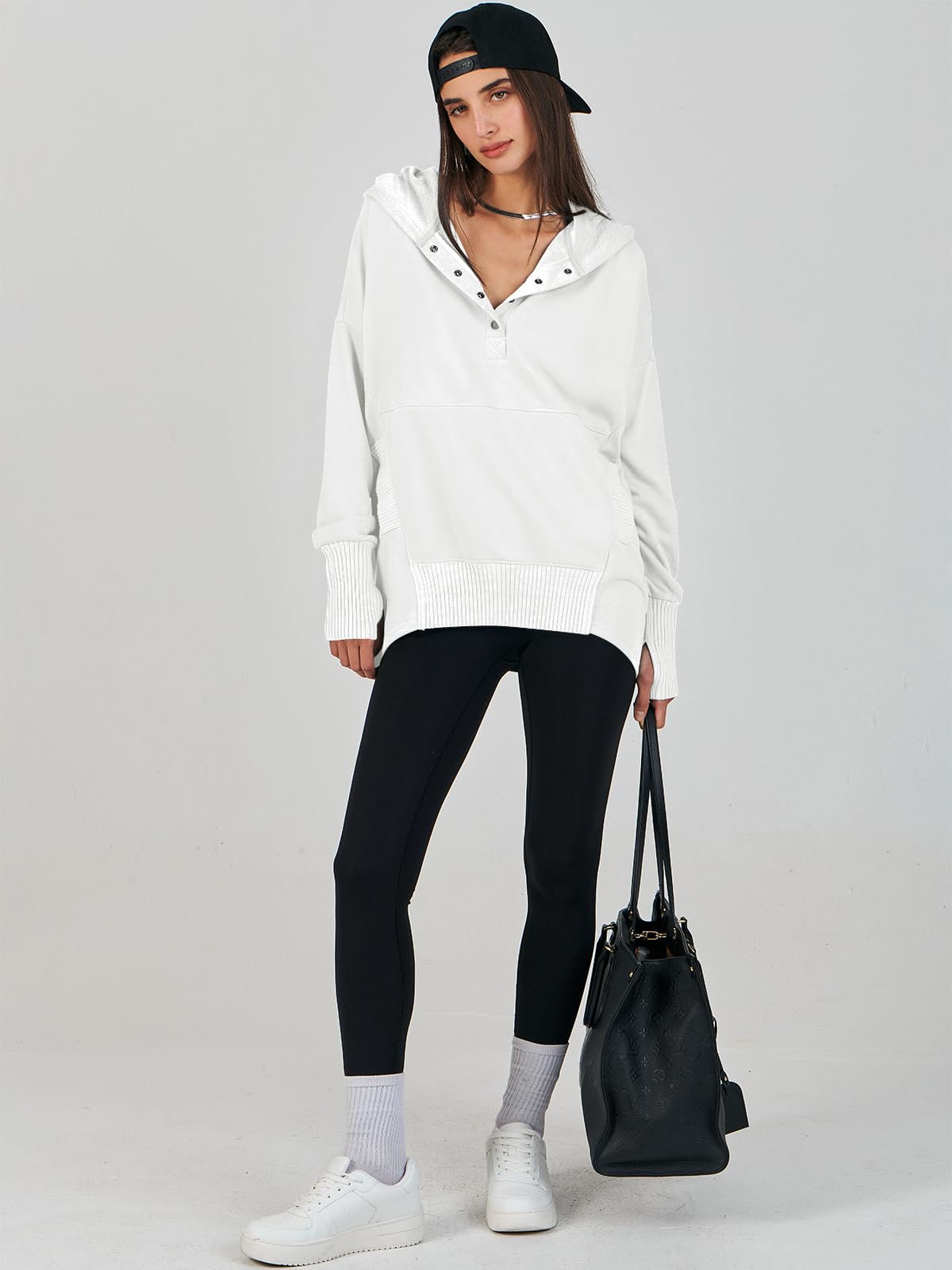 ANRABESS Women Casual Oversized Hoodies Sweatshirts Henley V Neck Hooded Pullover Sweater Tops 2024 Fall Outfits Clothes 1059benbai-M White