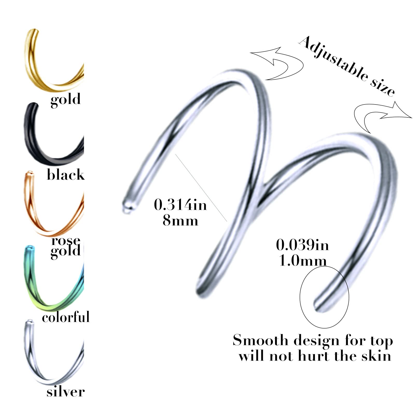 Tanreeqee 18G Double Nose Ring for Single Piercing Stainless Steel Left and Right Double Hoop Nose Ring Spiral Nose Hoops Double Nose Ring for Women Men ((G 5pcs))