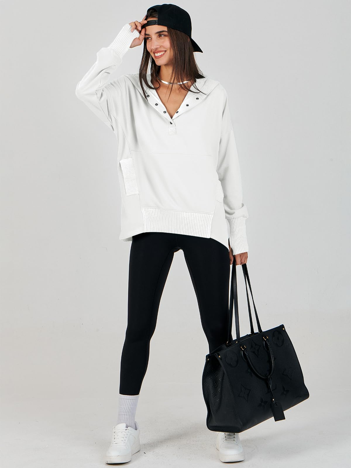 ANRABESS Women Casual Oversized Hoodies Sweatshirts Henley V Neck Hooded Pullover Sweater Tops 2024 Fall Outfits Clothes 1059benbai-M White