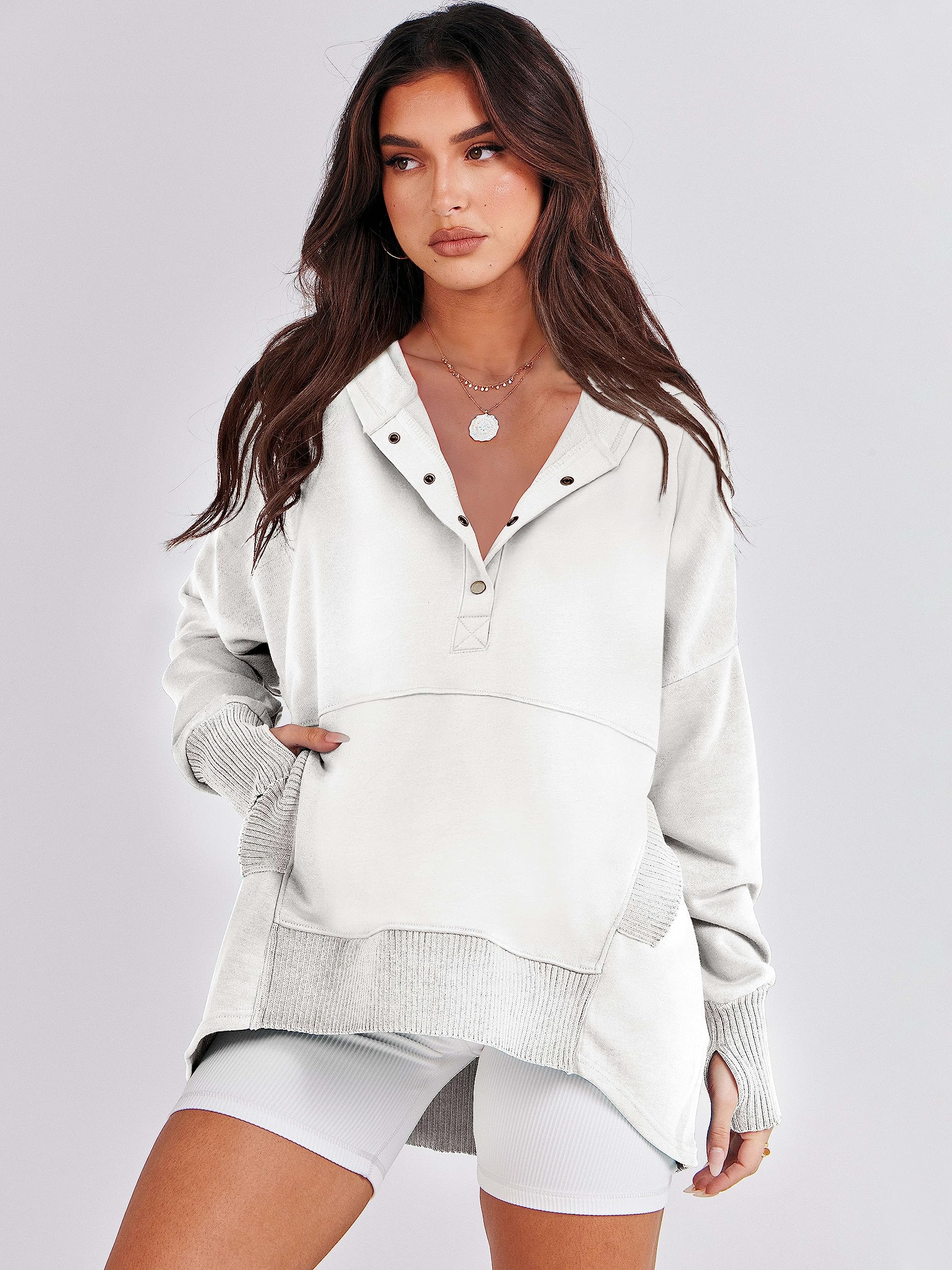 ANRABESS Women Casual Oversized Hoodies Sweatshirts Henley V Neck Hooded Pullover Sweater Tops 2024 Fall Outfits Clothes 1059benbai-M White