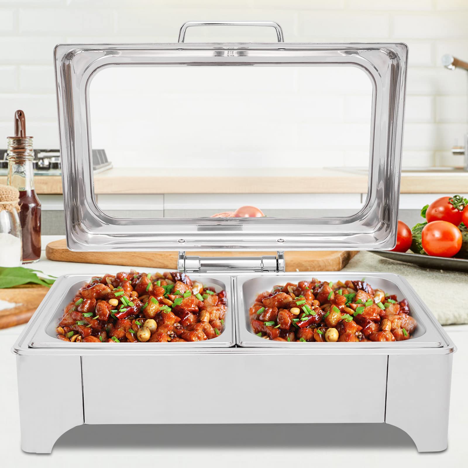 Chafing Dish, 9.5Qt Chafer Dish Buffet Set with 1 Water Pan and 2 Trays, Stainless Steel Buffet Warmers for Party Restaurant Hotel - Adjustable Temper