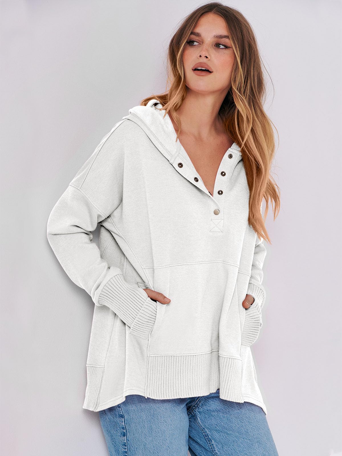 ANRABESS Women Casual Oversized Hoodies Sweatshirts Henley V Neck Hooded Pullover Sweater Tops 2024 Fall Outfits Clothes 1059benbai-M White