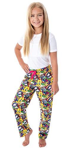 Looney Tunes Girls Tweety Bird Vivid Color Pattern Velvety Soft Sleep Lounge Pajama Pants (MD, 7/8) Multi