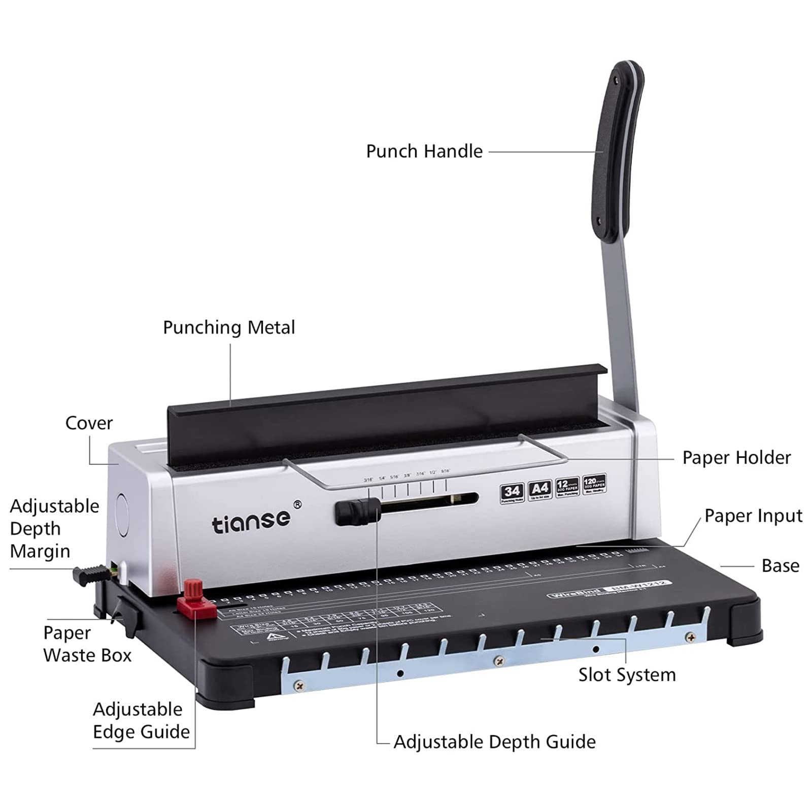 TIANSE Binding Machine, Wire Binder Machine 34 - Square Size Holes, Punching 120 Sheets, Bind 12 Sheets Book Maker with Sturdy Metal Construction Comes with 100pcs of 3/8" Wire Binding Ring