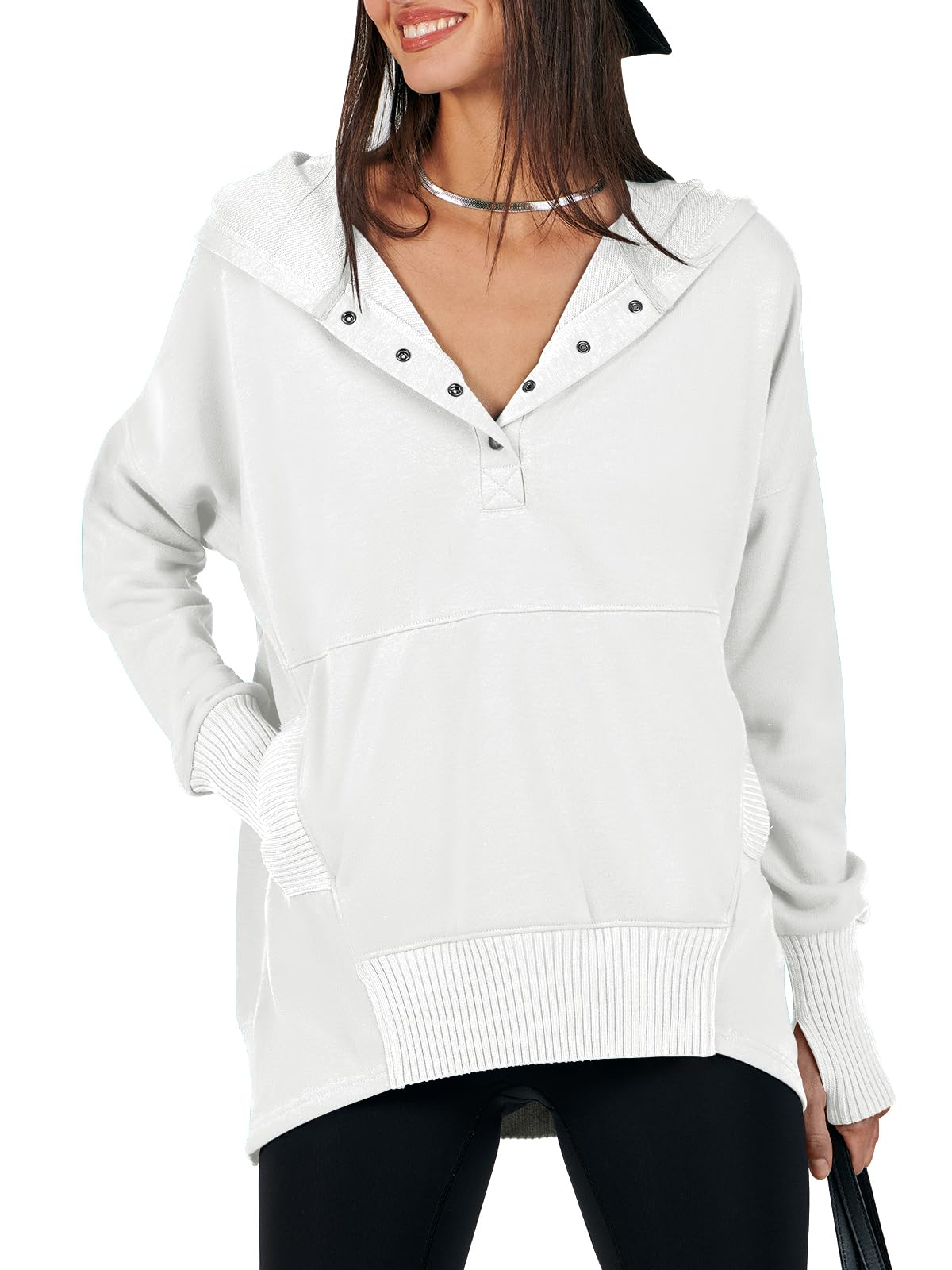 ANRABESS Women Casual Oversized Hoodies Sweatshirts Henley V Neck Hooded Pullover Sweater Tops 2024 Fall Outfits Clothes 1059benbai-M White