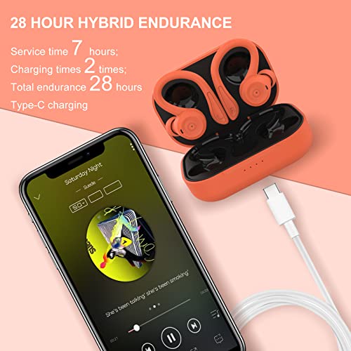 Orange Wireless Earbuds with Earhooks Bluetooth Earbuds with Ear Hook Waterproof Sport Headphones Noise Cancelling Ear Buds with Microphone Long Battery Life Earphones for Running Workout Android iOS