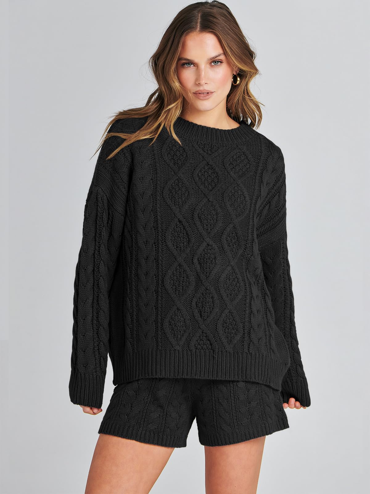 ANRABESS Women 2 Piece Outfits Sweater Lounge Loungewear Sets Fall Cable Knit Oversized Sweaters Short Pants Matching Sets Black Small