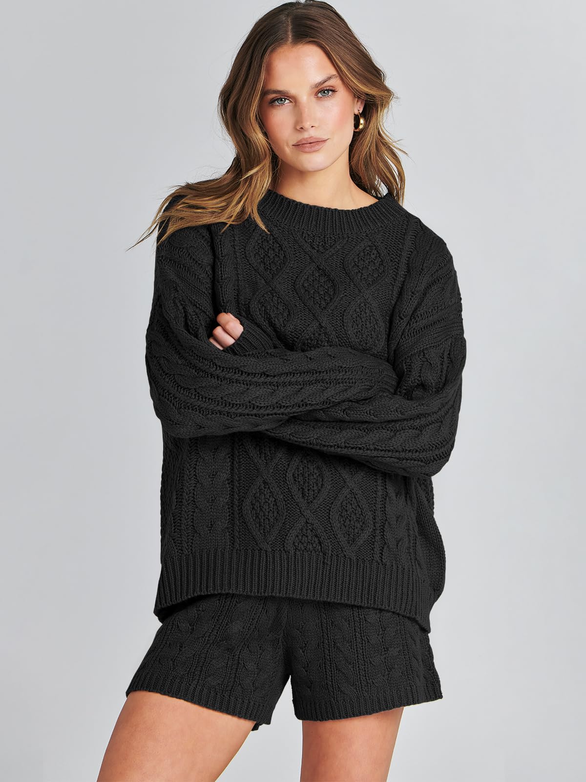 ANRABESS Women 2 Piece Outfits Sweater Lounge Loungewear Sets Fall Cable Knit Oversized Sweaters Short Pants Matching Sets Black Small