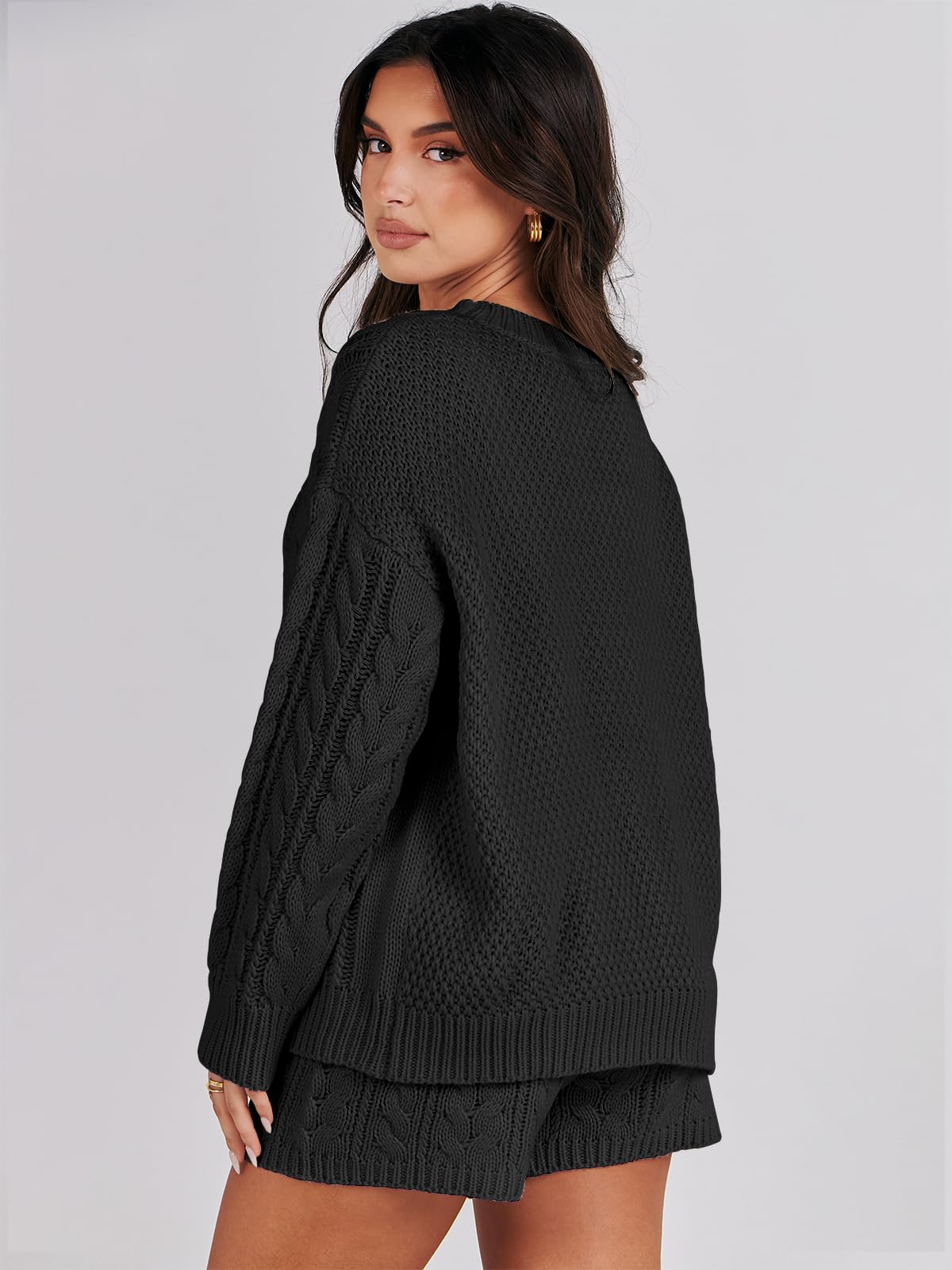 ANRABESS Women 2 Piece Outfits Sweater Lounge Loungewear Sets Fall Cable Knit Oversized Sweaters Short Pants Matching Sets Black Small