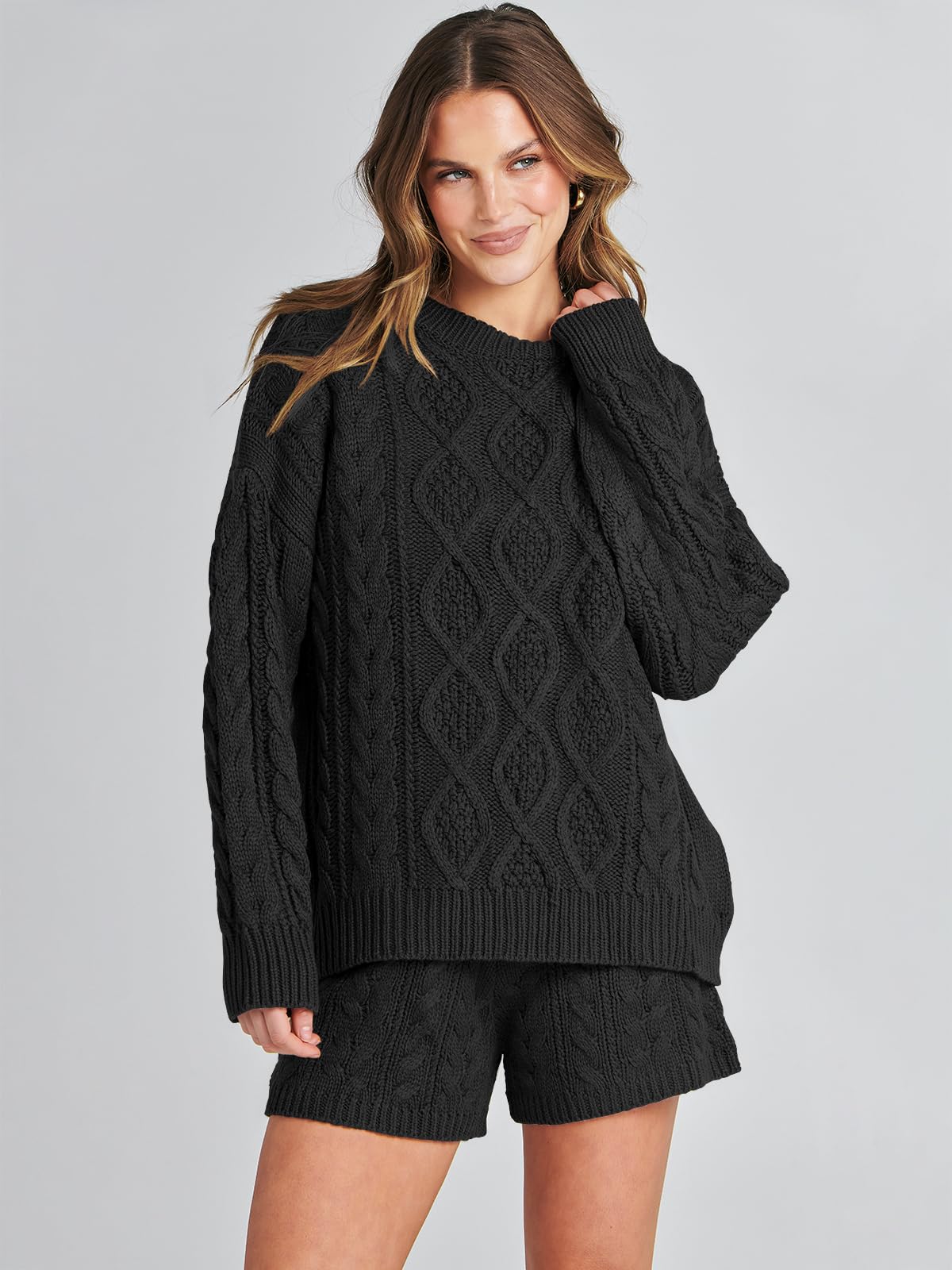 ANRABESS Women 2 Piece Outfits Sweater Lounge Loungewear Sets Fall Cable Knit Oversized Sweaters Short Pants Matching Sets Black Small