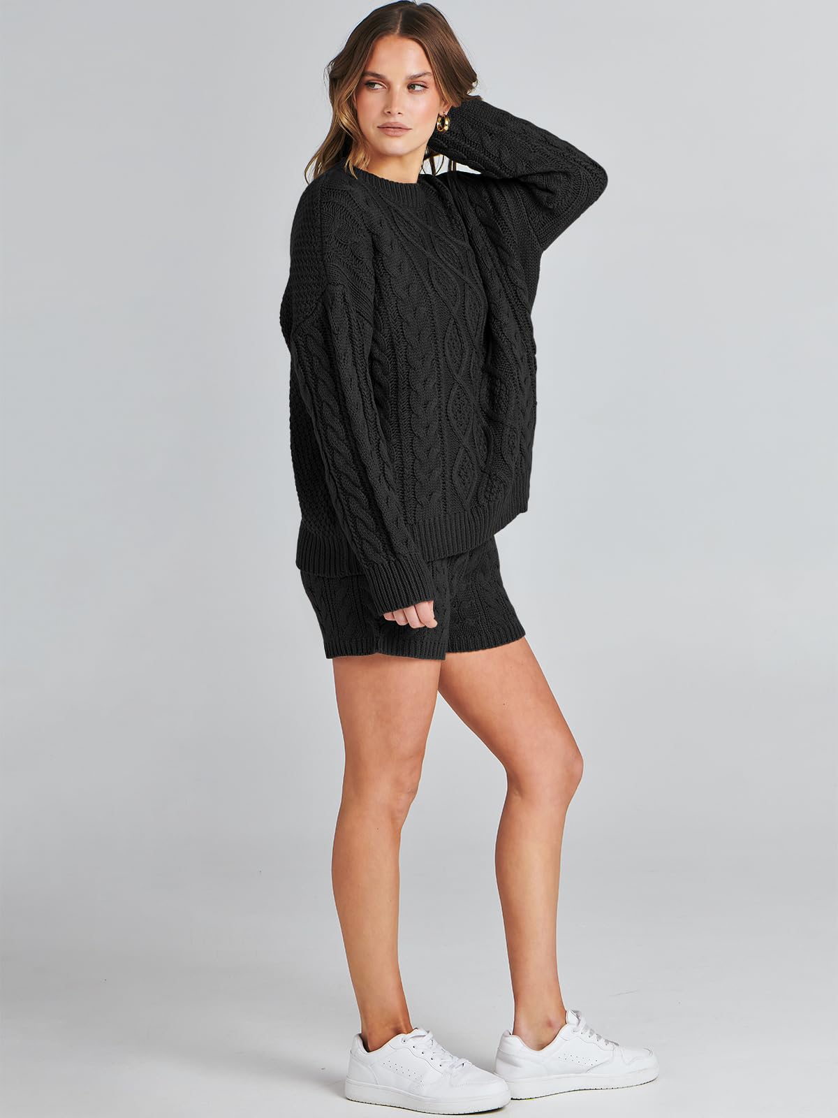 ANRABESS Women 2 Piece Outfits Sweater Lounge Loungewear Sets Fall Cable Knit Oversized Sweaters Short Pants Matching Sets Black Small