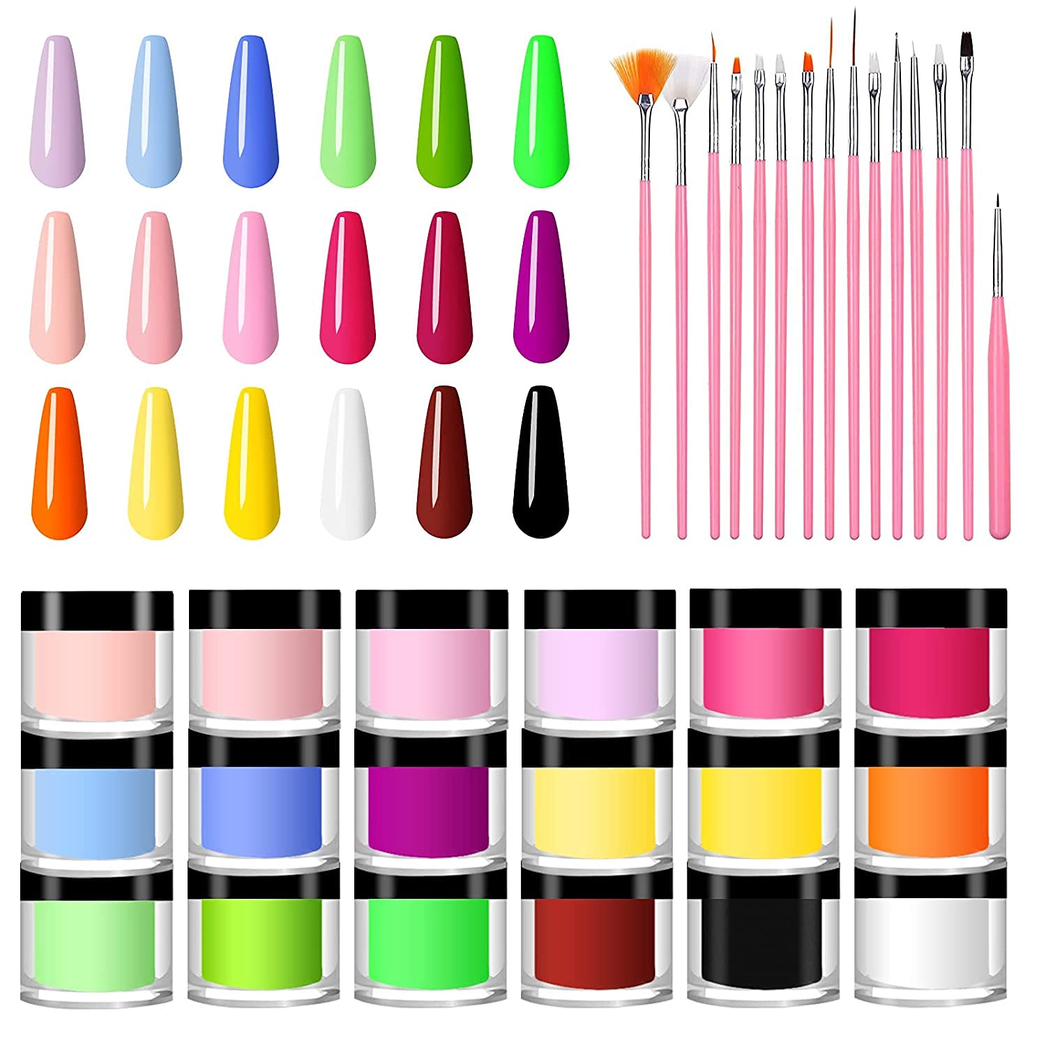 NAUXIU 18 Colors Acrylic Powder, Acrylic Nail Powder Set with 15 Pcs Nail Brushes for Nail Acrylic Powder DIY Valentines Day Christmas Gifts for Women and Girls