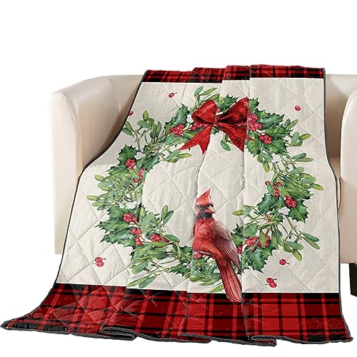 Christmas Quilt California King Size Xmas Wreath Bow Cardinal Bird Red Buffalo Bedspread for All Season Breathable Quilted Blankets,Soft Bed Coverlet,Comforter Duvet Best Decor for Dormitory Hotel
