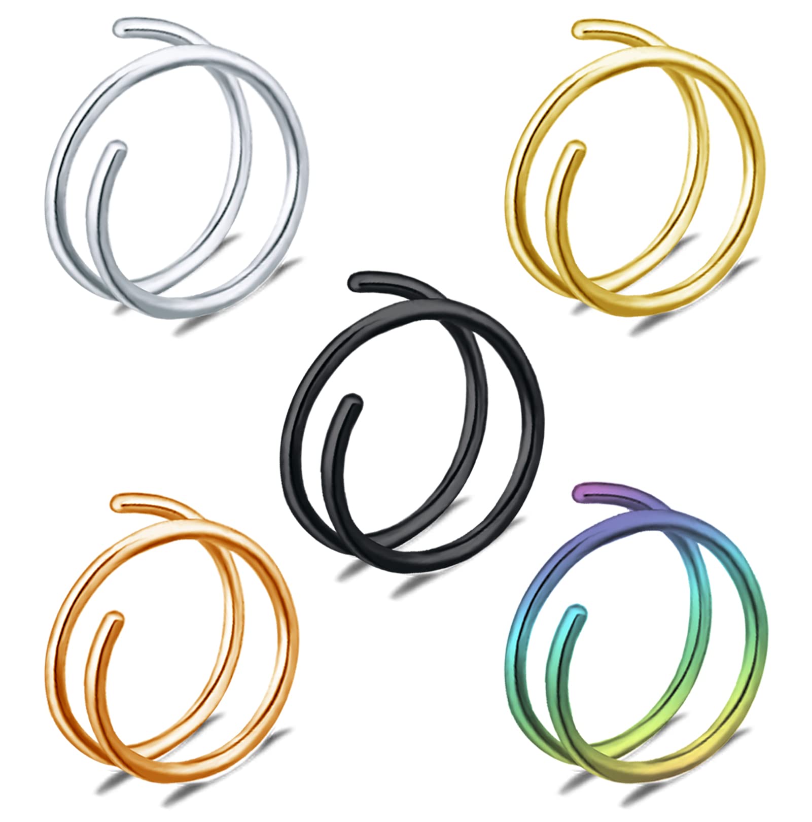 Tanreeqee 18G Double Nose Ring for Single Piercing Stainless Steel Left and Right Double Hoop Nose Ring Spiral Nose Hoops Double Nose Ring for Women Men ((G 5pcs))