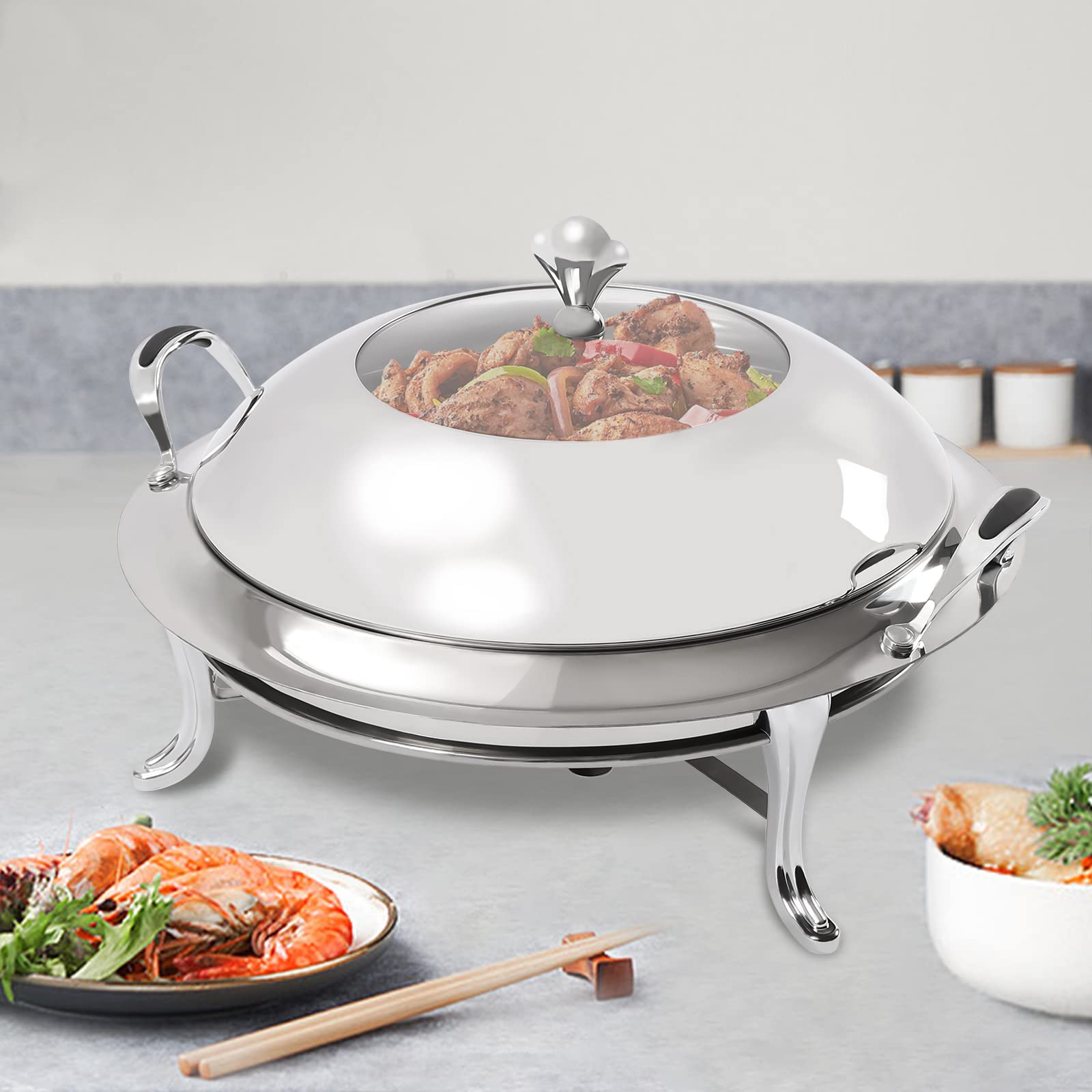 HuaShuani European Style Hot Dish,Chafing Dish Stainless Steel Round Durable Buffet Warmer Tray Durable Frame with Lid and Chafing Fuel Holder for Kitchen Party Dining Buffet,3.17 qt,Silver